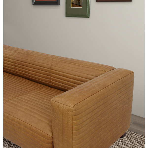 Hokku Designs Cimarron 90.6" Wide Mid Century Modern Channel Tufted Leather Couch | Wayfair